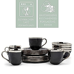 Elanze Designs 16-Piece Metallic Bubble Porcelain Ceramic Plates Bowls Mugs Dinnerware Set - Service for 4, Black With Silver Accents