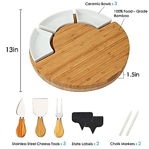 Bamboo Cheese Board Set–Serving Tray and Cheese Serving Platter Round Cheese Board and Knife Set for Cracker and Brie Large Charcuterie Board Set and Cheese Tray for Housewarming Gift-Round