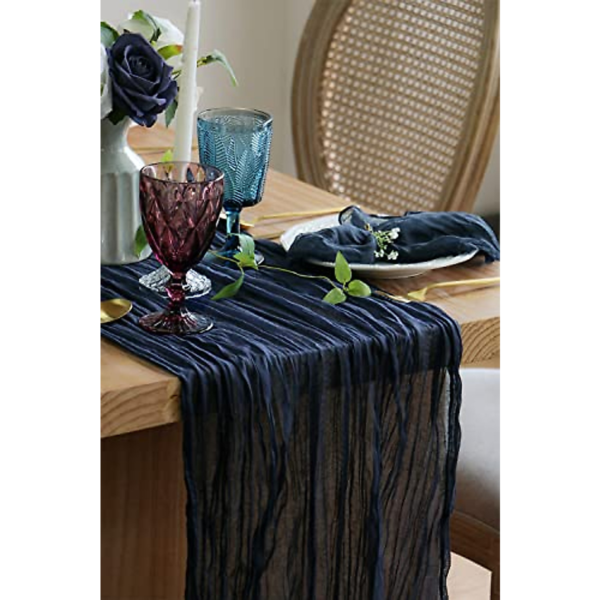 Uwilowe 5 PCS 13Ft Navy Blue Table Runner, Boho Gauze Cheese Cloth Table Runner Rustic Sheer Runner 160inch Long for Wedding Bridal Baby Shower Birthday Party Cake Table Decorations