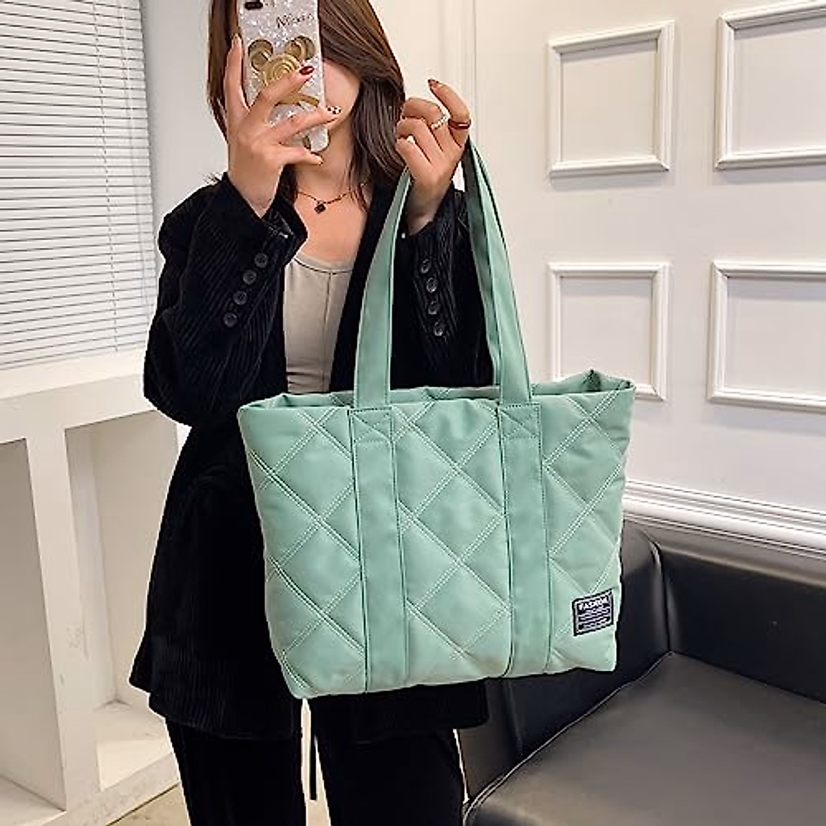 TWOYOMN Oxford Tote Bags for Women Quilted Tote Handle Large Capacity Lightweight Aesthetic Pure Color Tote Work/Business bag (Green)