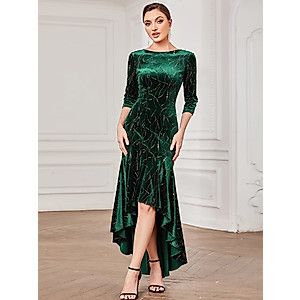 Ever-Pretty Women's Velvet 3/4 Sleeve High-Low Mermaid Plus Size Gorgeous Evening Dress Green US16