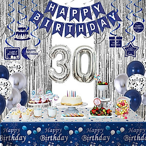 30th Birthday Decorations for Him, Blue and Silver 30th Birthday Party Decorations for Men, Happy Birthday Banner 30th Birthday Balloons Tablecloth Fringe Curtains Hanging Swirls Bday Party Supplies