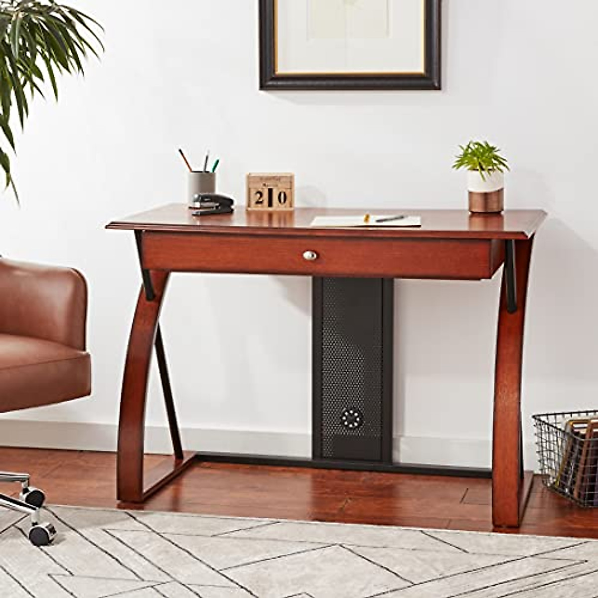 OSP Home Furnishings Aurora Computer Desk with Pull-Out Keyboard Tray, Medium Oak Finish and Black Accents
