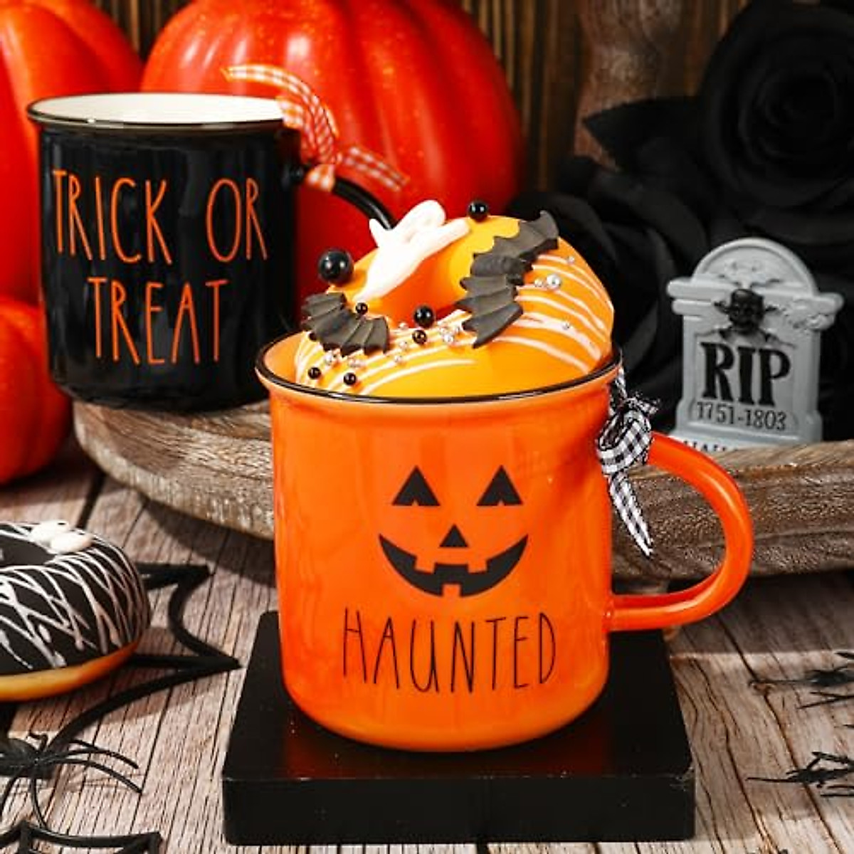 Whaline 6Pcs Halloween Mini Mugs with Plaid Ribbon Pumpkin Bat Mini Coffee Mug Halloween Party Cups for Table Centerpieces Tiered Tray Decor Gifts