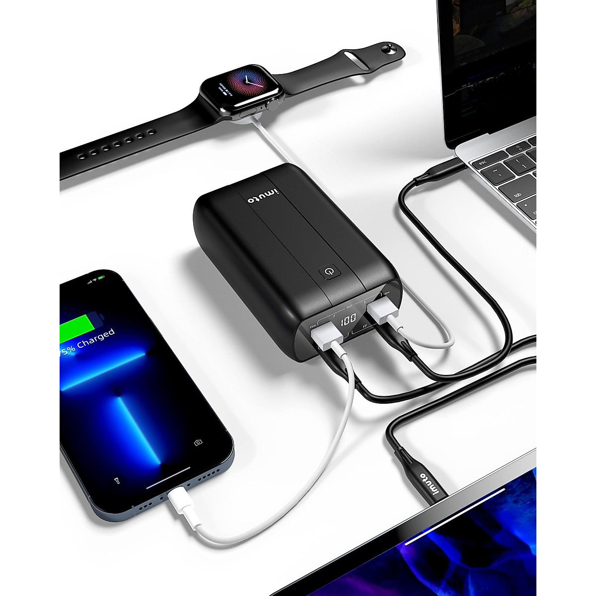 imuto 100W Laptop Power Bank, 20000mAh USB C Power Delivery Portable Charger with Dual USB-C PD (100W&60W) & 2 USB-A (15W&QC3.0 18W) Battery Pack Compatible with USB-C Laptops, iPhone, Huawei and More