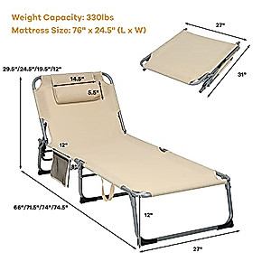 GYMAX Lounge Chair for Outside, 27” Oversize Beach Chaise Lounge with Removable Cushion & Adjustable Backrest, Headrest & Carry Strap, Tri-Fold Beach Layout Tanning Chair for Patio, Poolside(1, Beige)