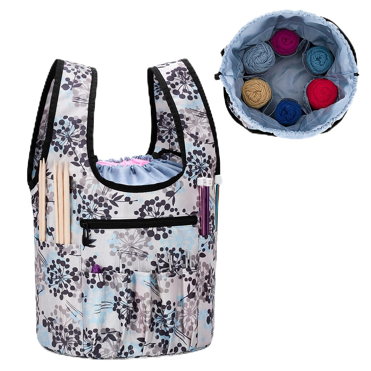 CURMIO Knitting Tote Bag, Yarn Project Wristlet Bag with Drawstring for Knitting Needles, Crochet Hooks and Supplies, Dandelion (Bag Only)