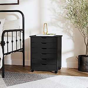 Linon Rolling Storage Corinne Cart, Six Wide Drawers, Black Wide