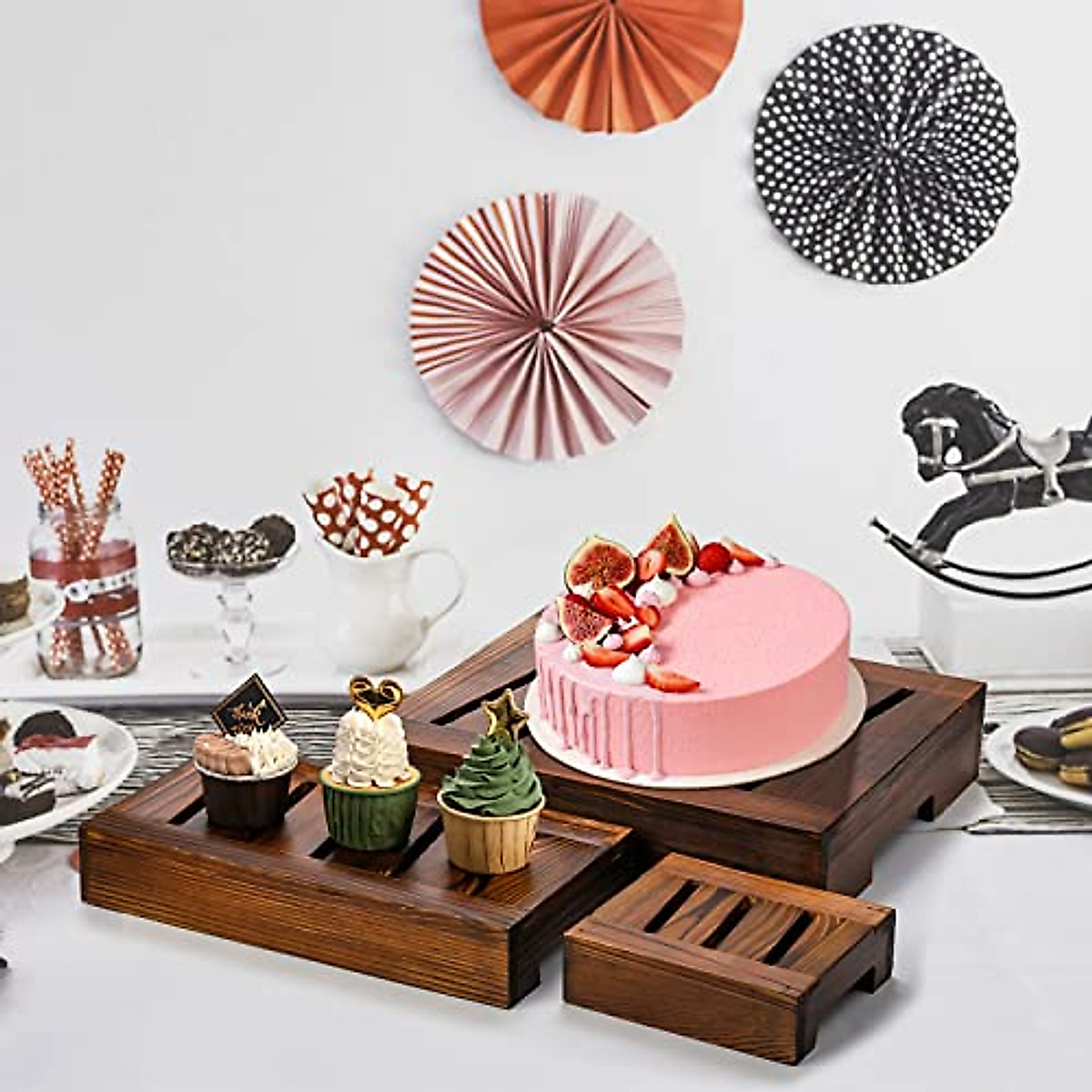 Hiceeden Set of 3 Wood Rustic Cupcake Stand, Rectangle Retail Display Stand Riser, Tiered Stackable Dessert Cake Stand for Appetizer, Party, Countertop, 3 Sizes