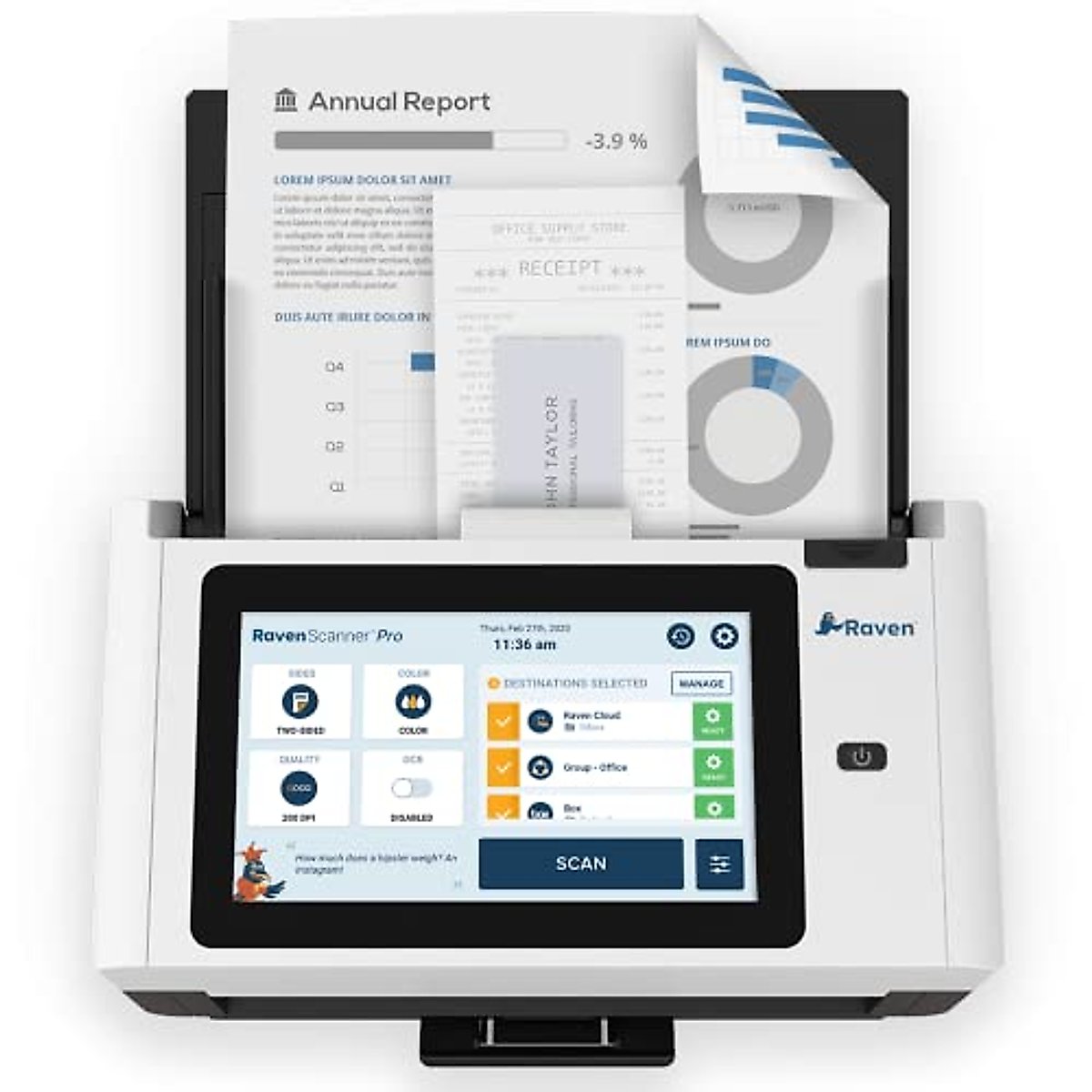 Raven Pro Document Scanner - Huge Touchscreen, High Speed Color Duplex Feeder (ADF), Wireless Scan to Cloud, WiFi, Ethernet, USB, Home or Office Desktop