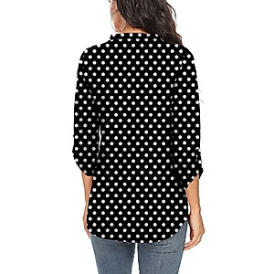 NILOUFO Womens Casual Summer Shirts Notch V Neck Blouses 3/4 Roll Sleeve Tops Tunics(Polka Dot Black, Large)