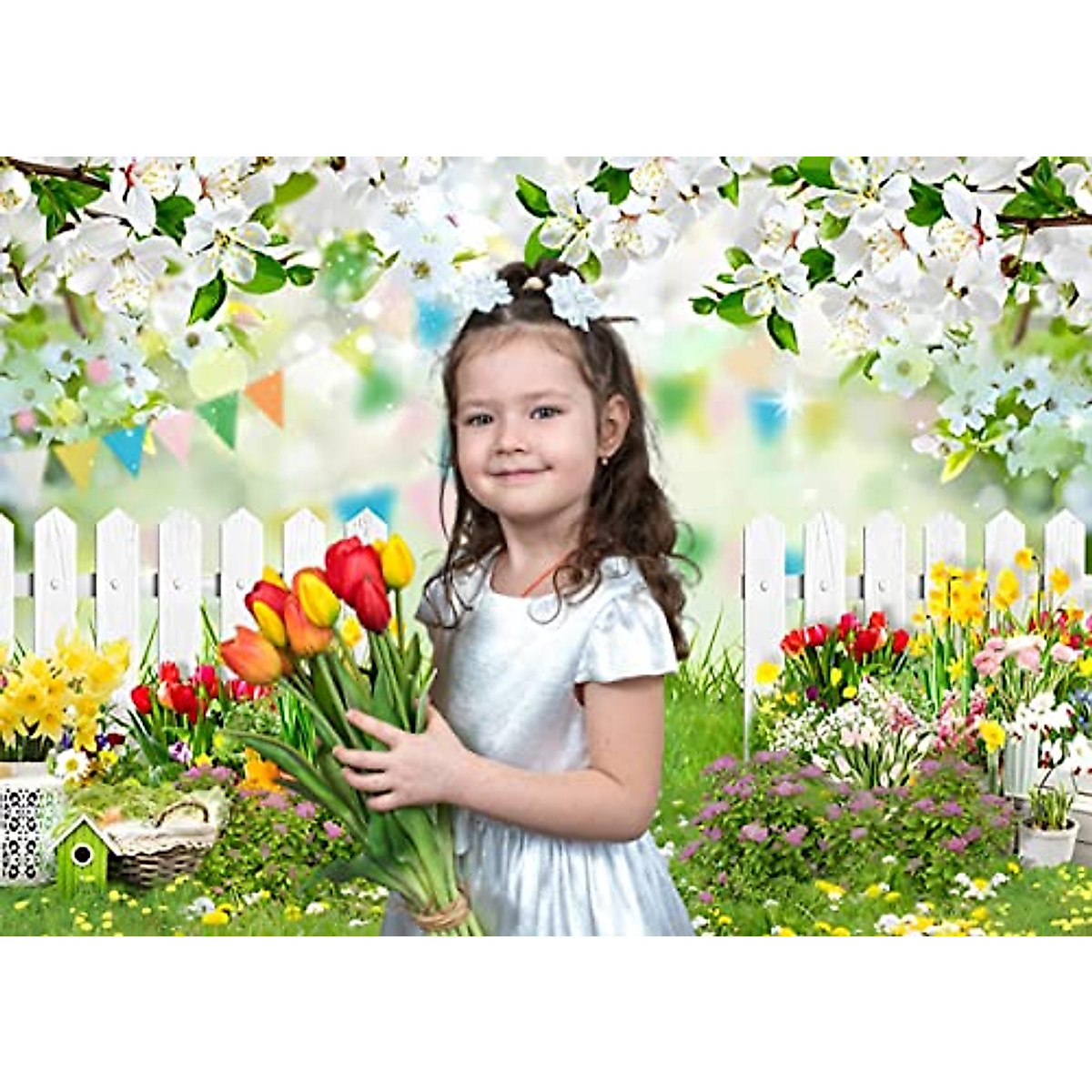 10x8ft Spring Forest Flower Backdrop, Garden Floral Tree Fence Grassland Photography Background Baby Shower Kids Birthday Party Decor Portrait Banner Photo Booth Studio Props