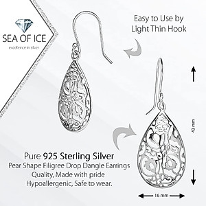 Teardrop Earrings for Women - Sterling Silver Dangle Filigree Earrings for Women – Hook Earrings - Trendy Fashion Earrings