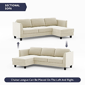 ZAFLY 87" Convertiable L Shaped Sofa Couch with Revisiable Chaise, Upholstered 3 Seat Sofa with Bbreathable Velvet Fabric for Living Room, Sectional Sofas -Beige