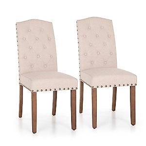 ALPHA HOME Dining Chairs Set of 2, Upholstered Dining Room Chairs, Tufted Kitchen Chairs with Solid Wood Legs and Tall Backrest, Fabric Padded Parson Chairs, Beige