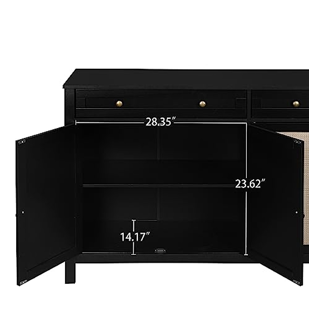 Black Sideboard Buffet Cabinet, Rattan Storage Cabinet Console Table, Buffet Server Bar Cabinet with 4 Doors, 2 Drawers and Adjustable Shelves for Living Room, Bedroom, Hallway, Kitchen, Entryway