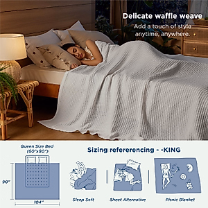 BEDSURE 100% Cotton Blankets King Size for Bed - 405GSM Waffle Weave Blankets for All Seasons, Cozy and Warm, White Soft Lightweight Woven Blankets, 104x90 inches