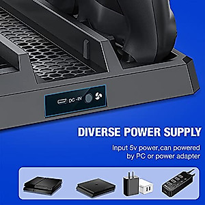 PS4 Stand Cooling Fan for PS4 Slim/PS4 Pro/PlayStation 4, PS4 Stand Vertical Stand Cooler with Dual Controller Charge Station & 16 Game Storage, PS4 Organizer Stand with Game Storage PS4 Accessories