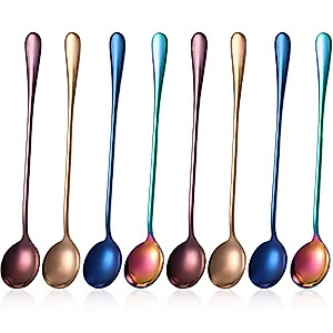8 Pieces Long Handle Tea Spoon Stainless Steel Coffee Mixing Spoons Teaspoon for Mixing, Cocktail Stirring, Coffee, Milkshake, Cold Drink, 7.48 Inch (Round Style)