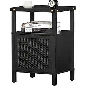 Lerliuo Rattan Nightstand, Side End Table with Handmade Natural Rattan Door and Open Shelf, Wood Accent Night Stand with Storage, Mid Century Modern Bedside Table for Bedroom, Living Room (Black)