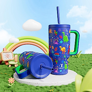 Meoky 24 oz Tumbler with Handle and Straw, 100% Leak-proof Tumbler with Lid and Straw, Insulated Stainless Steel Travel Coffee Mug, Keeps Cold for 24 Hours (Dinosaur & Flamingo)