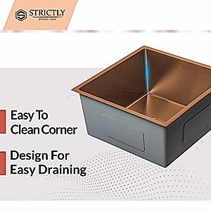 Strictly Sinks Undermount Copper Bar Prep Sink – 18 Inch Single Bowl 16 Gauge Stainless Steel Undermount Bar Sink – Tight Radius Corners Kitchen & Bar Sink With Drain Kit