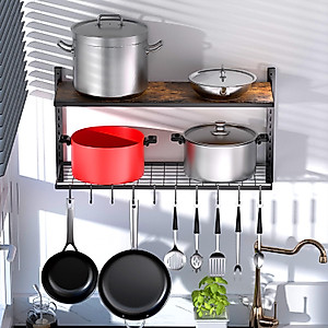 HOYRR Pot Rack Wall Mounted,Pot Hanger,Wall Rack for Pots and Pans,Adjustable Wall Mount Pot Rack,Wall Pot Rack is a Combination of Wood and Iron,Measures 28.7 x 10 x 16 Inches.(With 12 S-hooks)