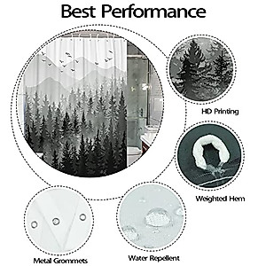 Accnicc Black and White Misty Forest Shower Curtain Set Grey Gray Ombre Waterproof Fabric Shower Curtains Nature Tree Mountain Woodland Decorative Bathroom Bath Curtain Decor (72'' × 72'', Black)