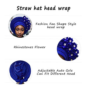 QliHut Fashion Nigerian Gele Headties With Stones Women Head Wrap Beaded Lace Already Made Auto African Headtie For Party (Royal Blue)