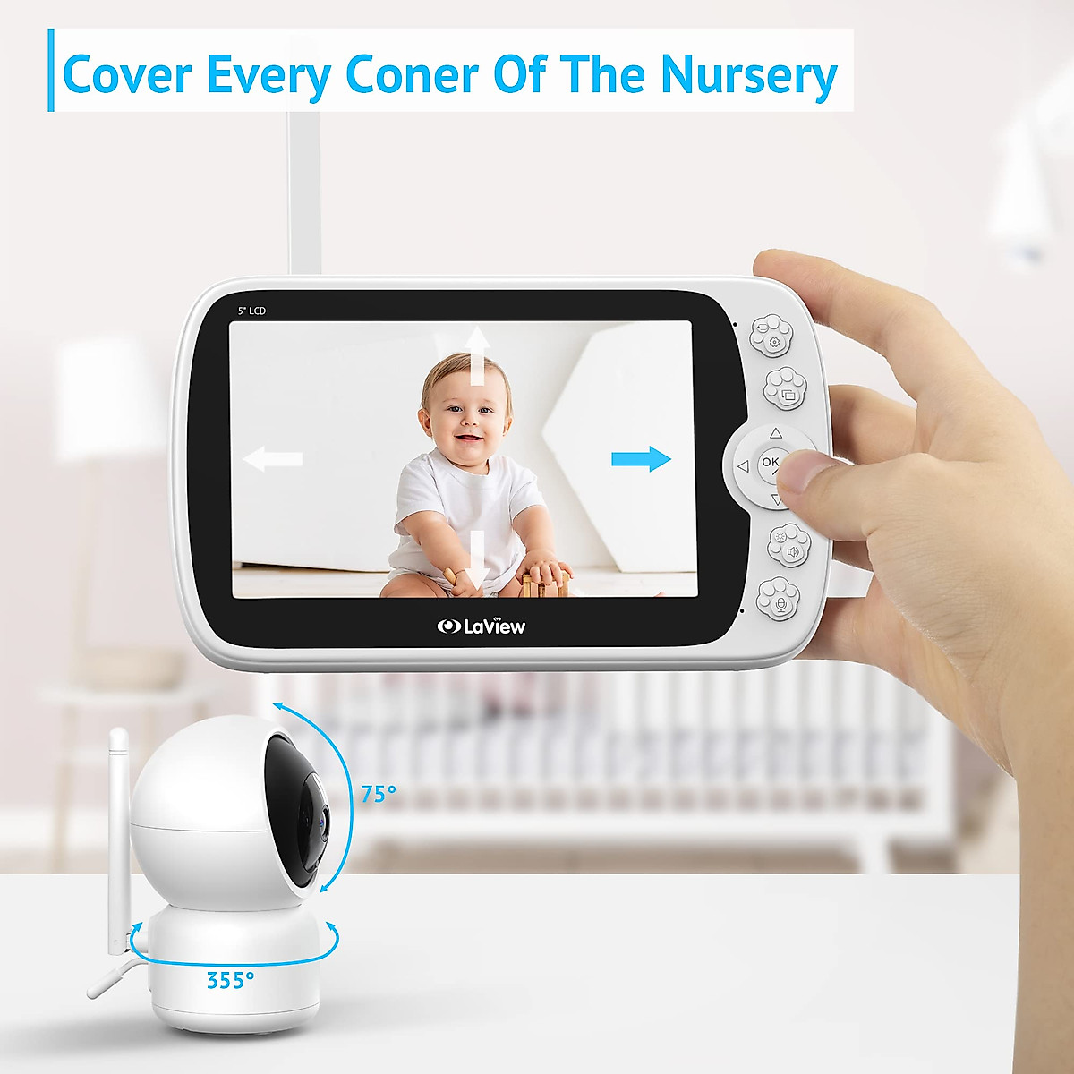 LaView 5" Color LCD Screen Baby Monitor with Mount,1080p HD Baby Monitor with Camera and Audio, Pan-Tilt Baby Camera Monitor,Infrared Night Vision,Two-Way Talk,Lullabies and Room Temperature