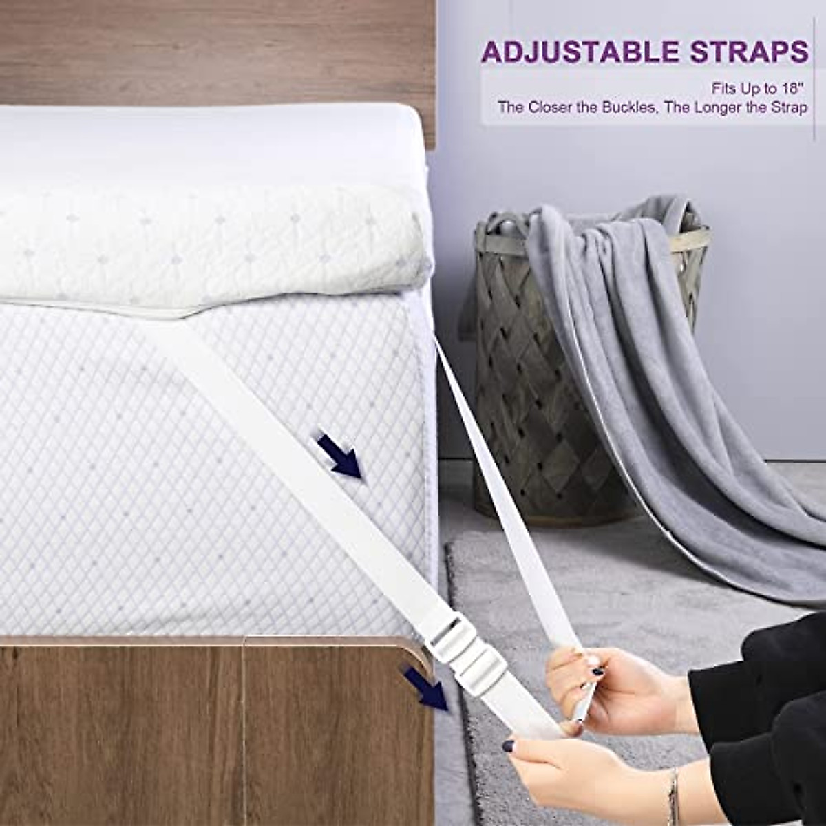 Mattress Topper Cover Queen, Lavender Infused Premium Bamboo Zippered Cover for Mattress Topper with Adjustable Straps, Ferlizer 3 Inch Queen Mattress Topper Protector