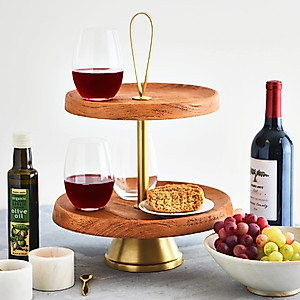 Creative Co-Op Elegant Modern 2, Cake Stand or Desert Serve Ware Tower, Natural & Gold Tiered Tray, Natural and Gold