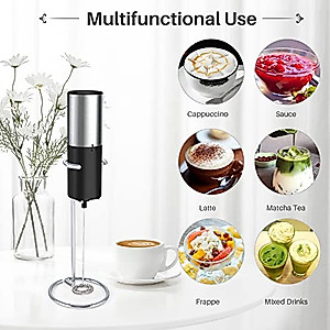 Electric Milk Frother Handheld Mini Foam Maker for Lattes - Whisk Drink Mixer for Coffee with Stainless Steel Stand | Powerful Milk Frother Handheld for Lattes Frappe Matcha Hot Chocolate-Black
