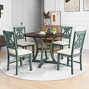 5 Piece Round Dining Table and Upholstered Chair Set with Special-Shaped Legs and Hollow Chair Back for Dining Room, Wood Kitchen Dining Set for 4 Persons (Antique Blue & Dark Brown)