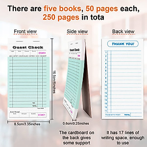 5 Pack Server Note Pads, Guest Check Books for Servers, Guest Checks Notepad for Waiter Waitress Servers, Waitress Notepad for Restaurants Food Order, 50 Sheets/Pad, Green Guest Check