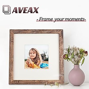 AVEAX 8x8 Picture Frames Display Pictures 4x4 with Mat or 8x8 Without Mat, Set of 4 Square Photo Frame for Wall or Tabletop Brown