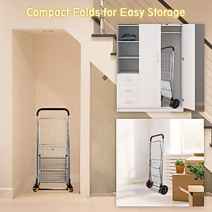 Shopping Cart with Wheels, Realife Folding Utility Cart with Brake for Grocery, Holds Up to 90lbs, Silver