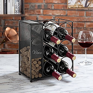 MyGift 6-Bottle Wire Wine Rack, Countertop Black Metal Wine Bottle Holder with Mesh Cork Catcher Basket & Chalkboard Labels