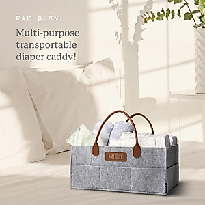 Rae Dunn Baby Diaper Caddy Organizer, Baby Stuff Storage Organizer for Nursery, Changing Table and Car, Portable Basket for Baby Items, Baby Shower Gifts, Grey Felt with Leather Handles, Large