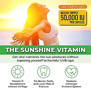 ForestLeaf - Vitamin D3 50,000 IU Weekly Supplement - 120 Vegetable Vitamin D Capsules for Bones, Teeth, and Immune Support - Easy Swallow Pure Vitamin D3 50000 IU- Non GMO Pills