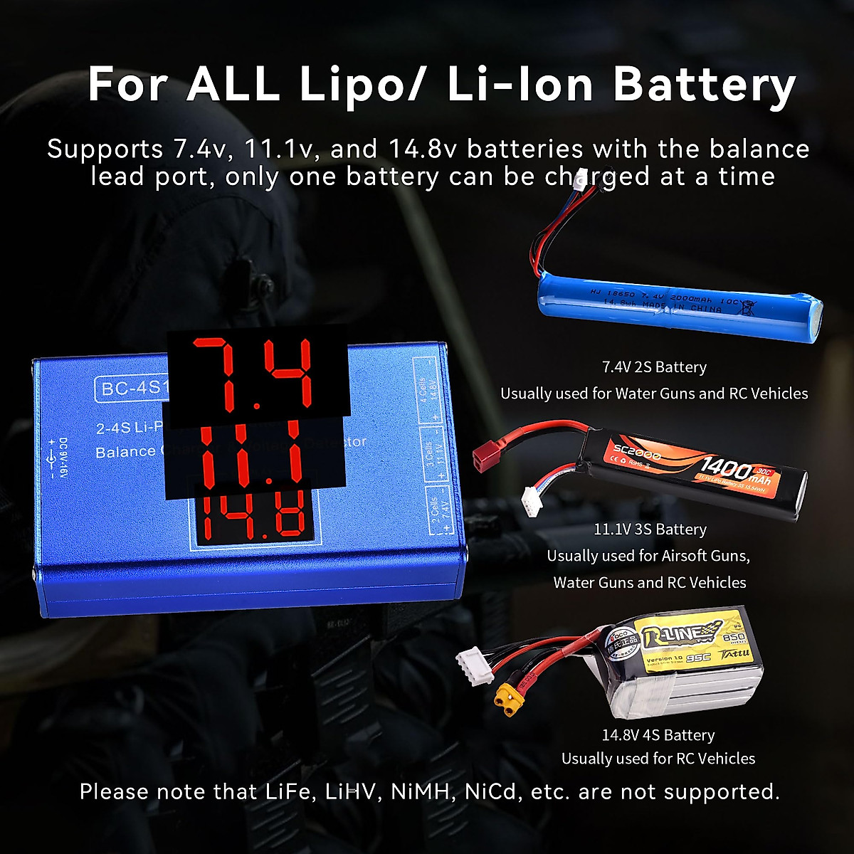 Airsoft Battery Charger- Lipo/Li-Ion Balance Smart Charger for 11.1V 7.4V 14.8V 2S 3S 4S Battery with Battery Checker for Airsoft Gun Gel Ball Blaster Splat Ball Gun & RC Hobby