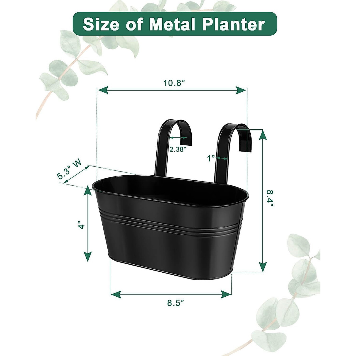 vensovo Metal Railing Planter for Outdoor Plants - 3 Pack Balcony Hanging Flower Pots with Detachable Hooks and Drain Holes Oval Bucket Rail Box Fence Planters for Home Garden Decor, Black