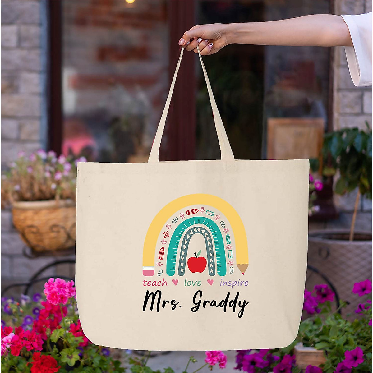 shop4ever Custom Personalized Teacher Teach Love Inspire Rainbow Jumbo Heavy Canvas Tote Reusable Shopping Bag 10 oz Natural 1 Pack