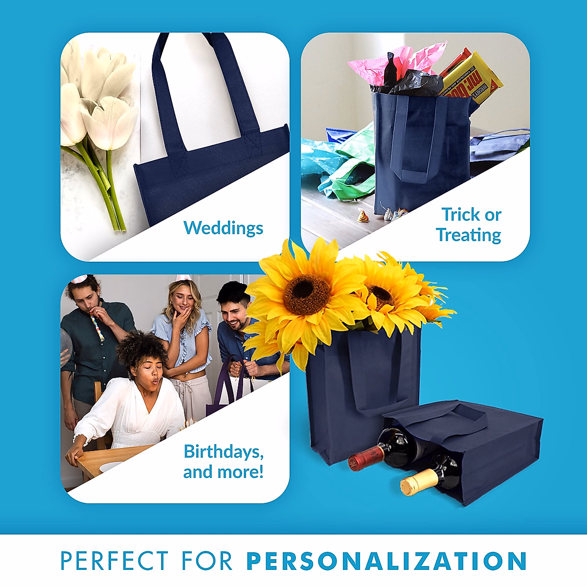 Simply Green Solutions - Plain Tote Bag, Thick Reusable Gift Bag with 16-Inch Handles, Use As Goodie Bags, Party Favor Bags, or Halloween Tote Bag, Blue Navy, Pack of 25