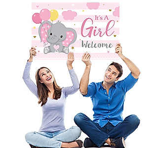 Baby Shower Yard Sign with Stake Gender Reveal Yard Sign Blue Pink Elephant Lawn Sign Baby Bear Lawn Sign Welcome Baby Announcement Sign for Boy Girl Outdoor Baby Shower Party Decorations(It's Girl)