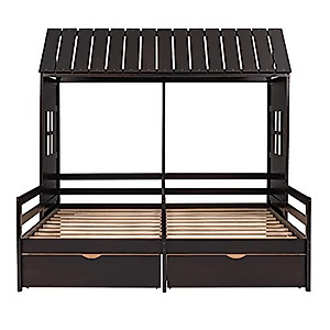 Merax Twin House Shared Bed Frame for Kids, Twin Twin Platform Bed with Drawer, Storage Playhouse Bed Frame with Roof and Fence for Living Room Bedroom