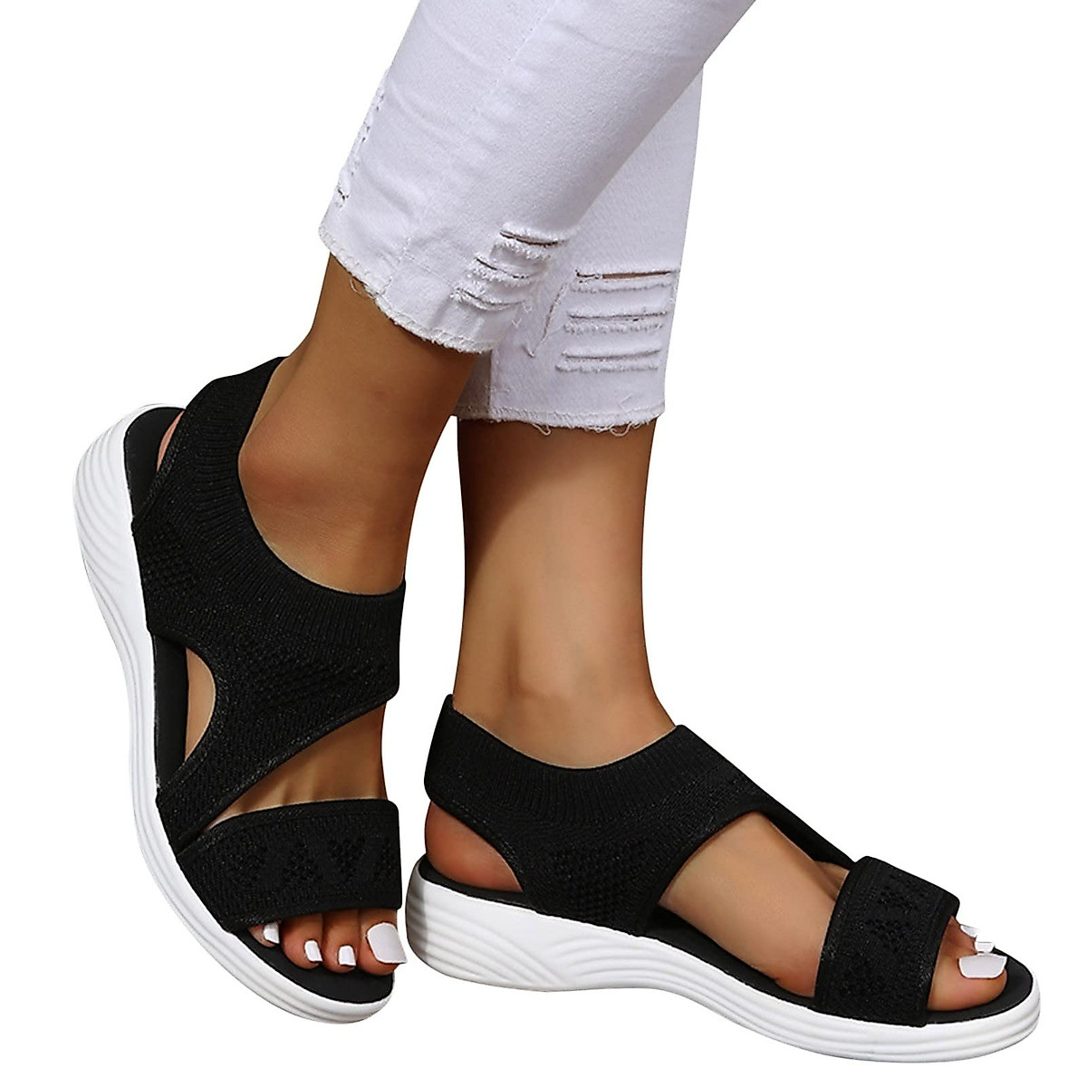 Women's Sandals Slip On Elastic Knit Upper Breathable Casual Wedges, Wide Width Sneaker Sandals for Women, Non-Slip Fitness Running Sports Shoes, Open Toe Comfortable Walking Fashion Summer