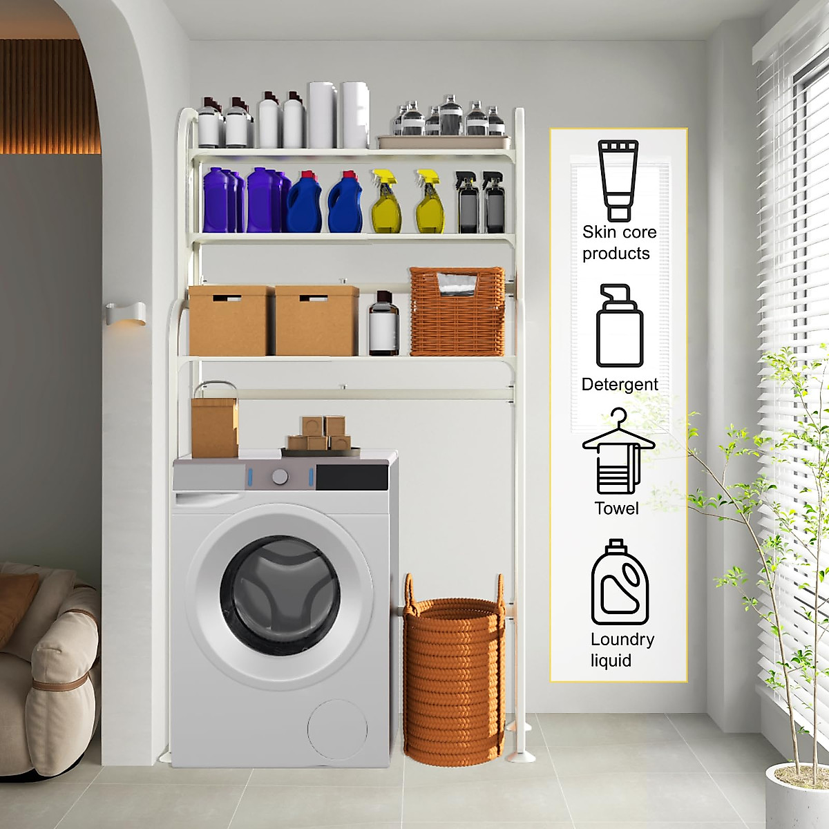 BIFCIOFH 3-Tier Expandable Over Toilet Washing Machine and Dryer Storage Rack, Height Adjustable Laundry Room Shelves, Bathroom Organization Space Saver with Pigboard and Hook (Color : White)