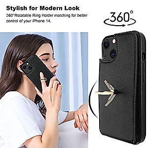 Folosu Compatible with iPhone 14 Case Wallet with Card Holder, 360°Rotation Finger Ring Holder Kickstand, RFID Blocking Leather Protective Double Buttons Shockproof Cover 6.1 Inch Black