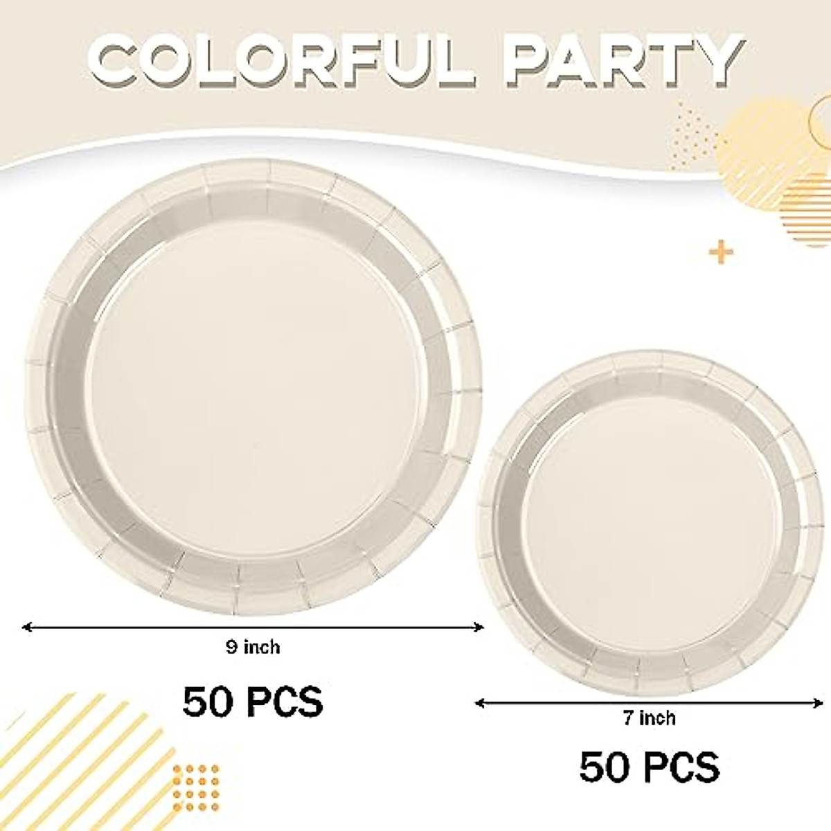 Tioncy 100 Pcs Party Supplies Paper Plates Disposable Halloween Birthday Cake Plates for Dessert Carnival Dinner Fiesta Decorations Serve 50 Guests, 7 Inches and 9 Inches (Ivory,Classic)
